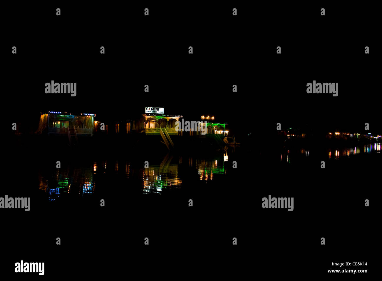 A night scene from the Dal Lake in Srinagar, Kashmir, India, with ...