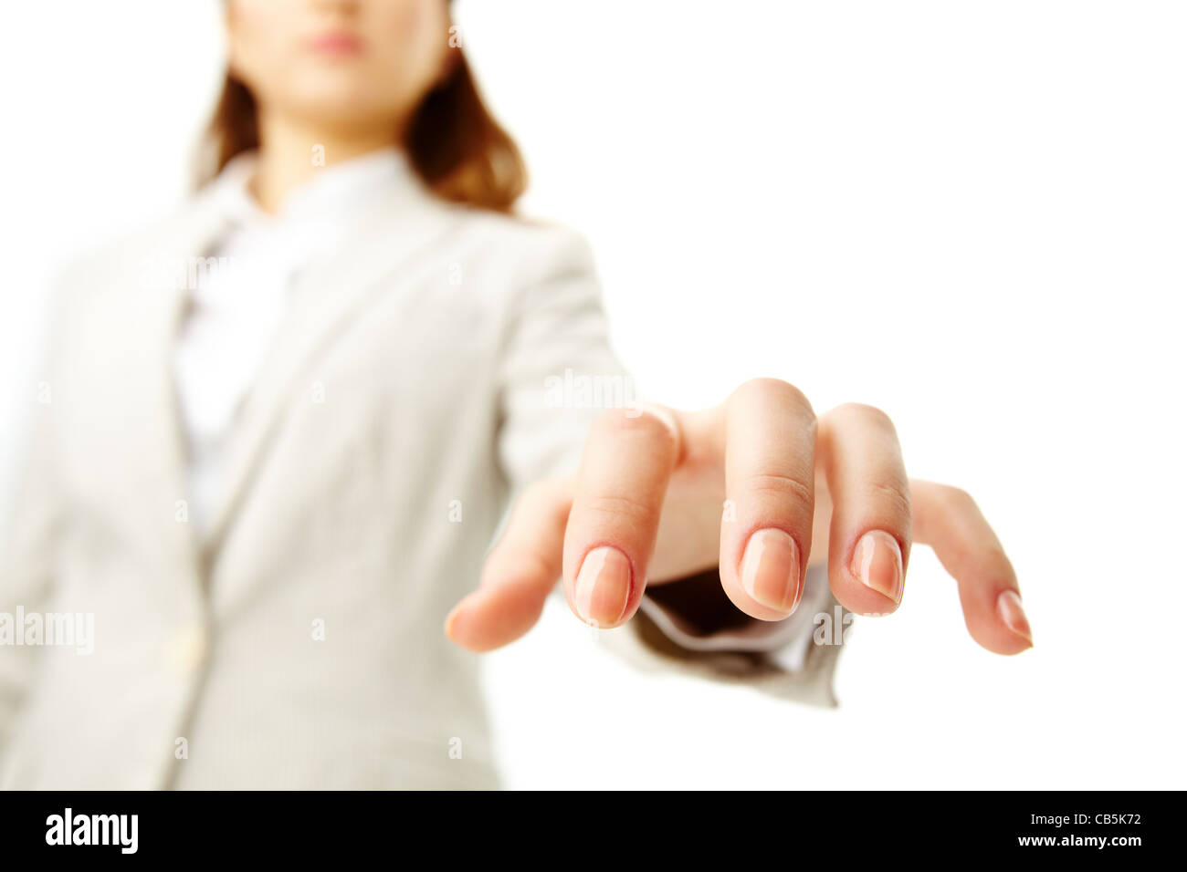 Image of human hand keeping palm down on background of female Stock ...
