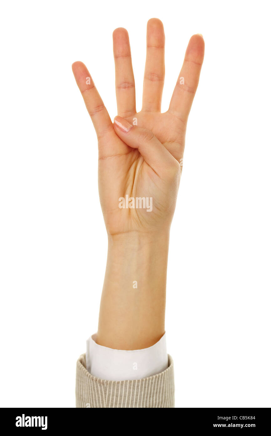 Image of female hand showing four fingers on a white background Stock ...