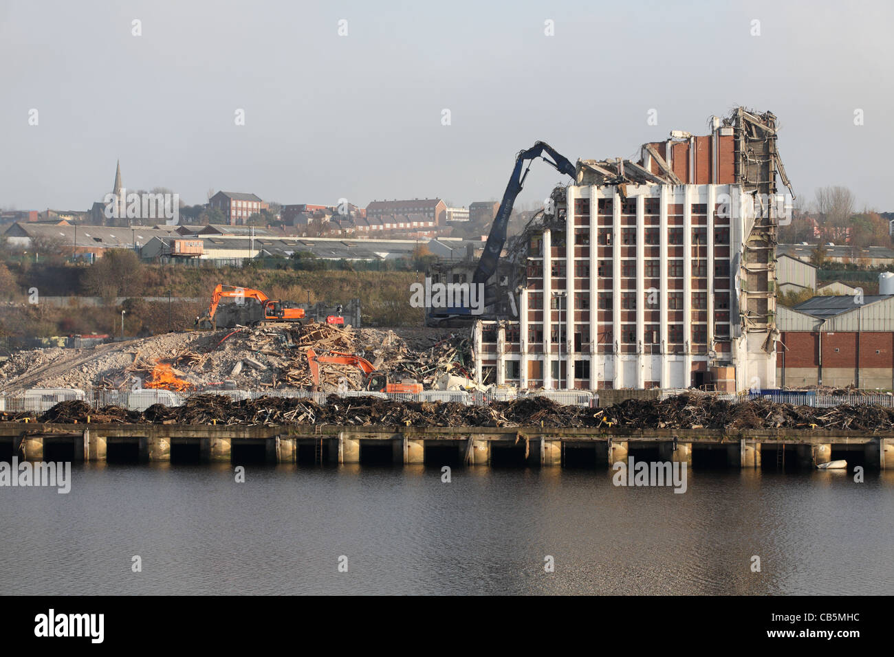 The demolition of Spillers riverside flour mill on Tyneside, Newcastle ...