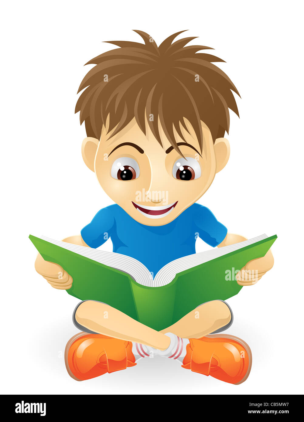 An illustration of a happy small boy smiling and reading a book Stock ...