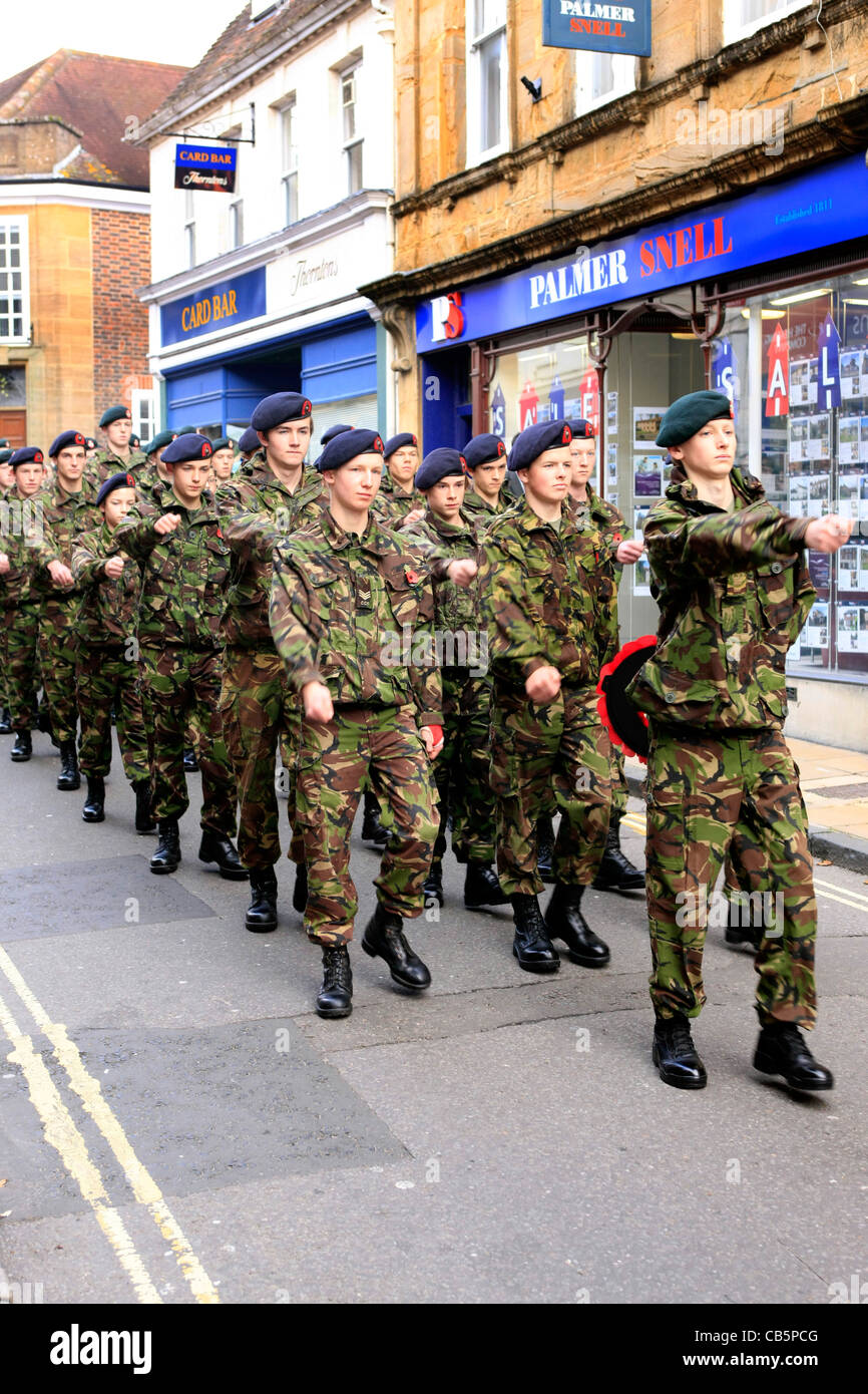 British Army Cadets march in the Remembrance Parade in Sherborne Dorset ...