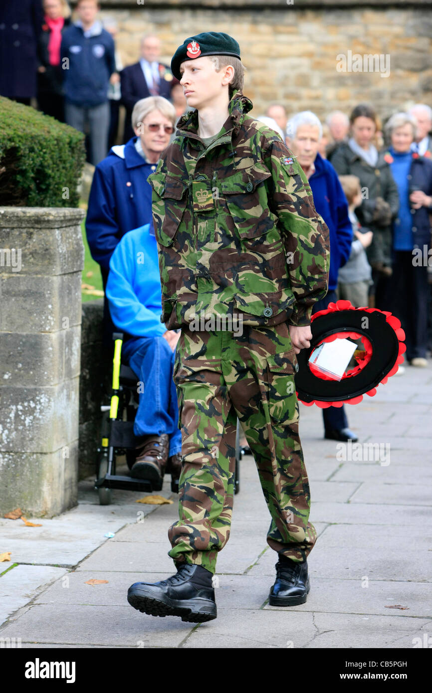 British Army Cadet lays a wreath at the Remebrance Day War Memorial in ...