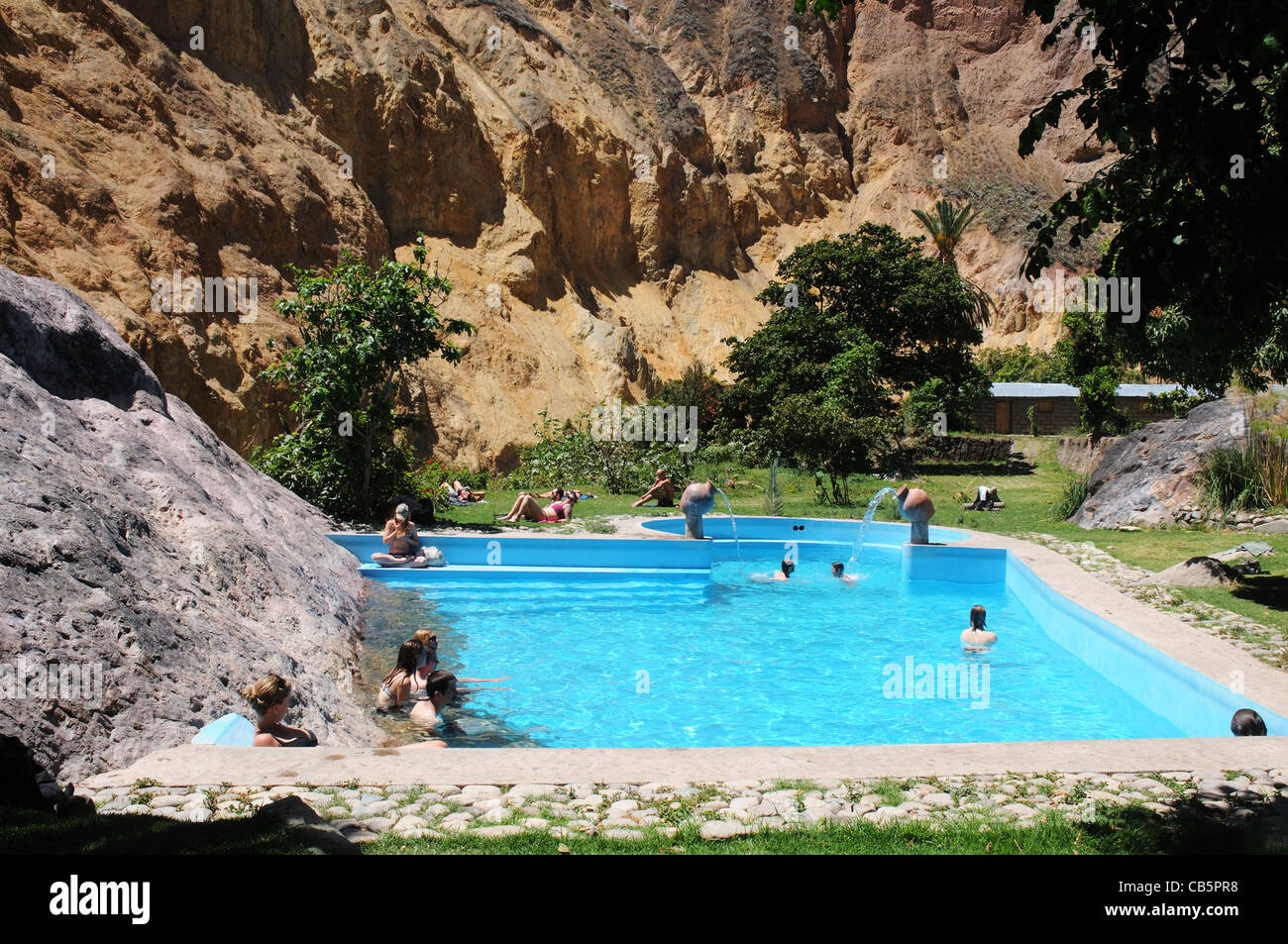 Swimming pools in the Sangalle oasis in Colca Canyon, Peru Stock Photo ...