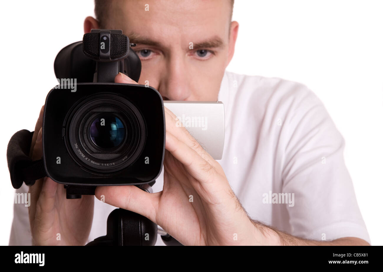 man with video camera, isolated on white background Stock Photo - Alamy