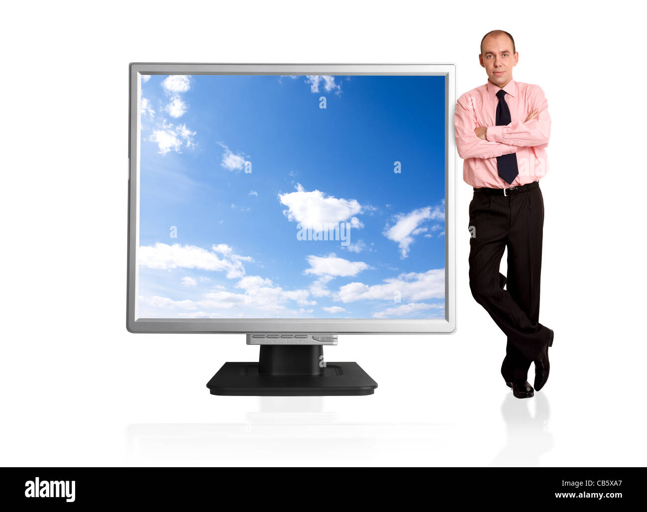 man with computer screen isolated on white background Stock Photo - Alamy
