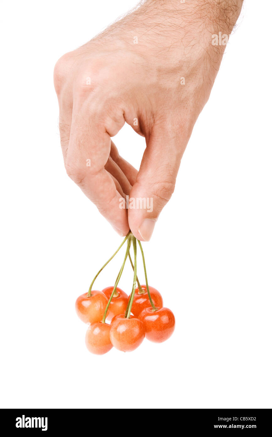 isolated hand of man with red berry on white background Stock Photo - Alamy