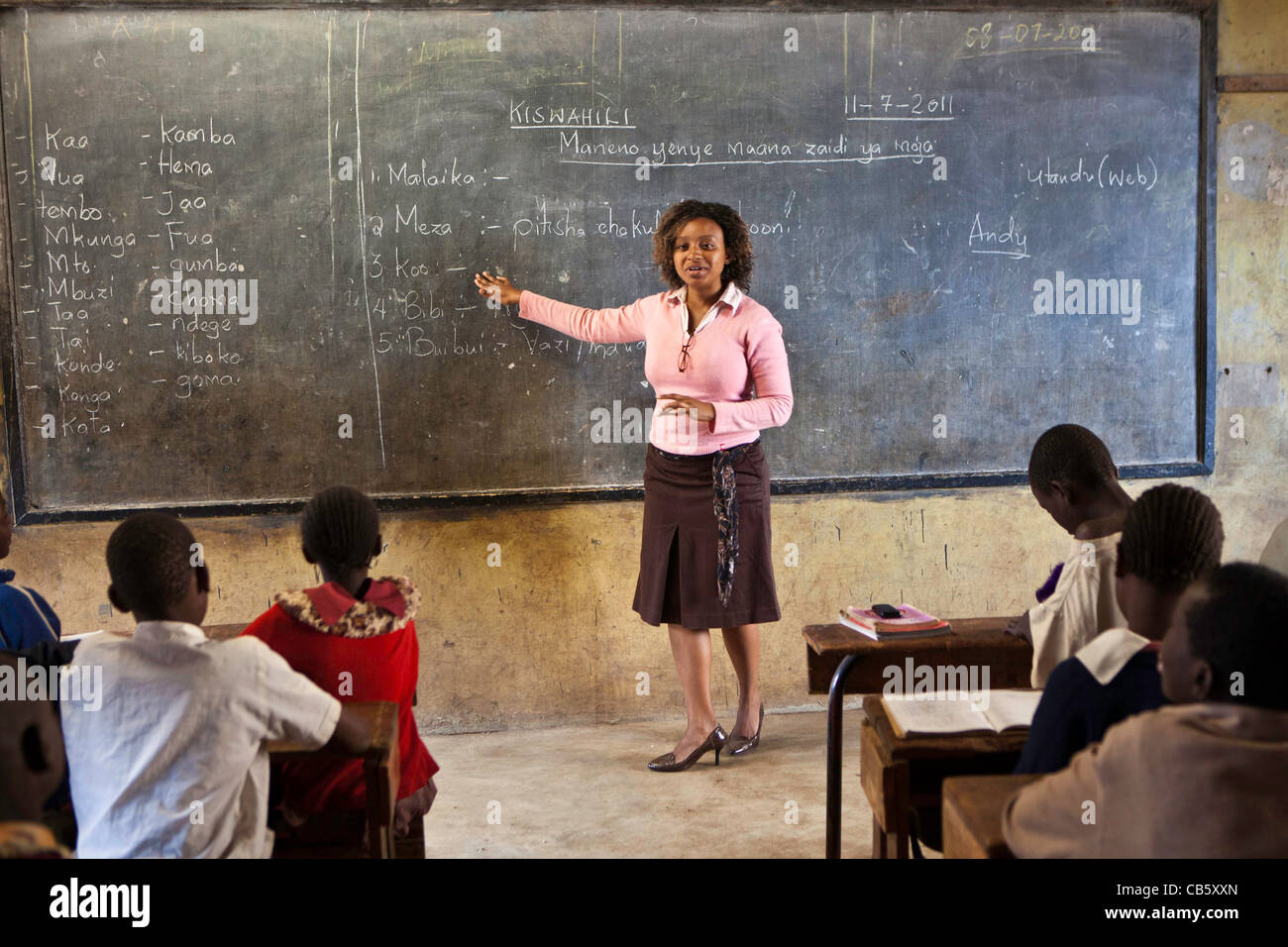 Teacher and class in classroom at Mathare School in Nairobi, Kenya. NGO ...