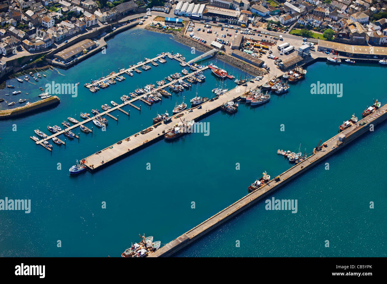 Aerial Sea view of Penzance harbour with fishing boats Stock Photo - Alamy
