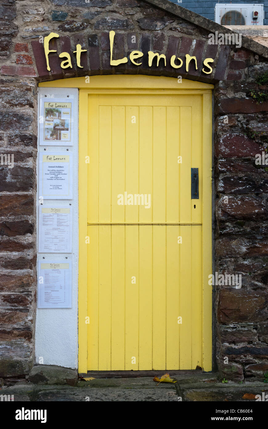 Entrance to Fat Lemons vegan and vegetarian cafe in Totnes, Devon Stock ...