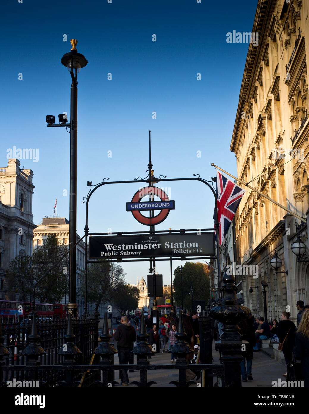 Westminster Underground Station. Entrance in Whitehall with a clear ...