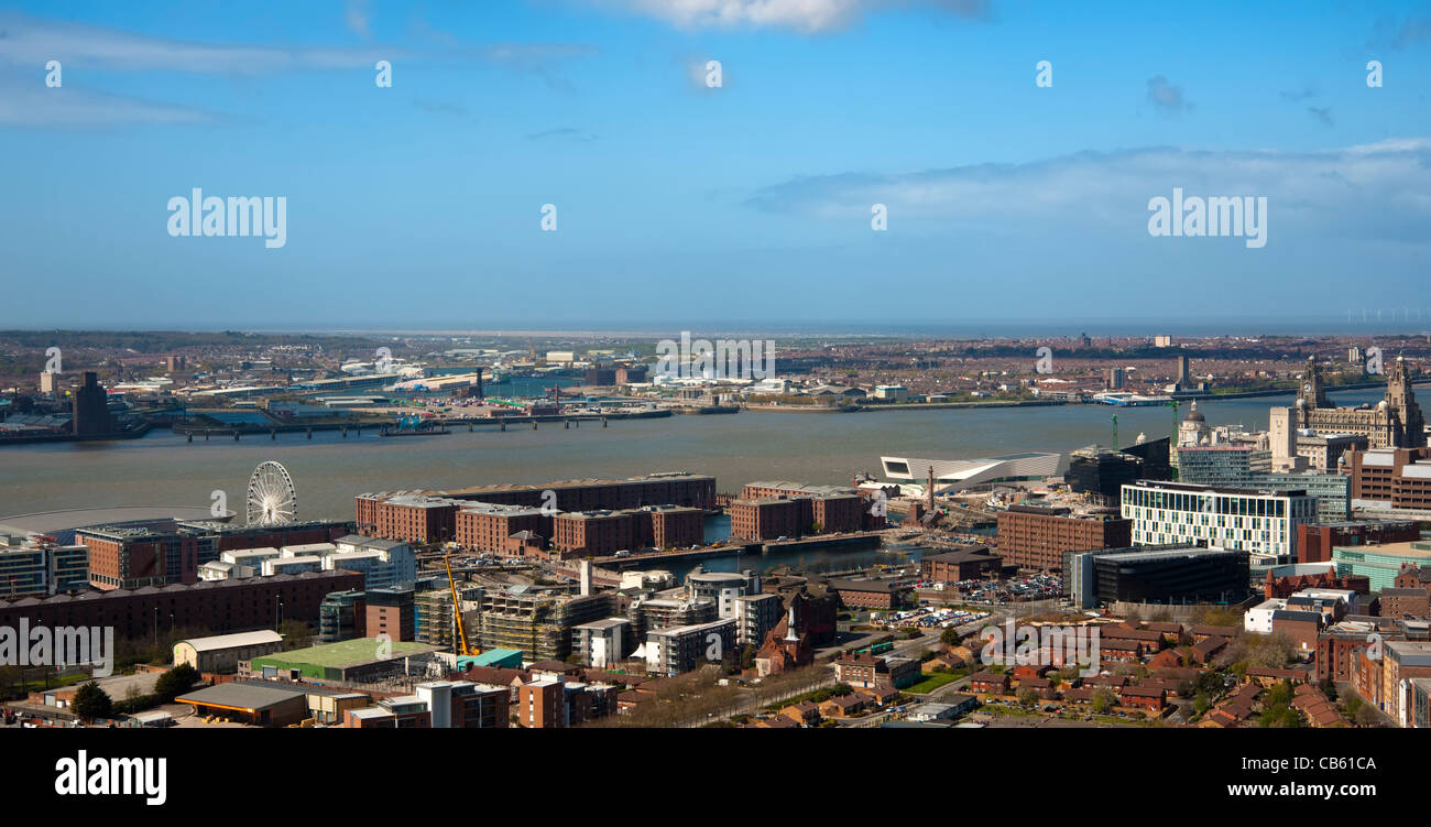 High level view of the Liverpool Waterfront showing the River Mersey ...