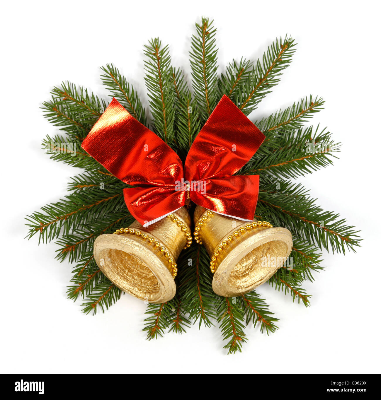 Two golden bells with the red big bow Stock Photo - Alamy