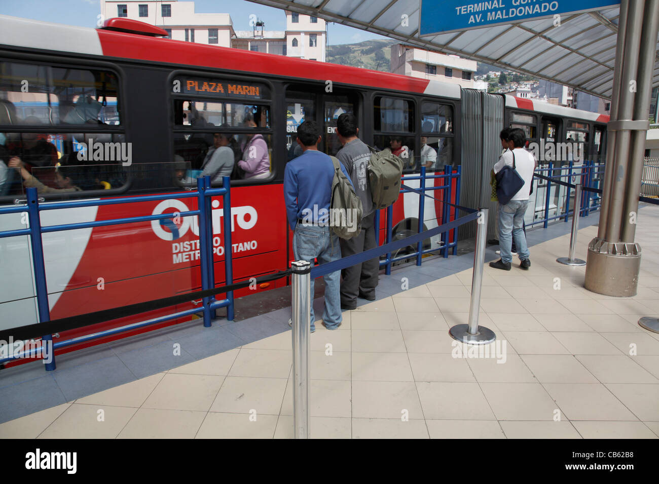 Ecuador. Public bus and tram service along Ecovia, a dedicated urban ...