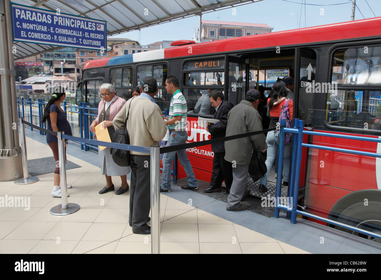 Ecuador. Public bus and tram service along Ecovia, a dedicated urban ...