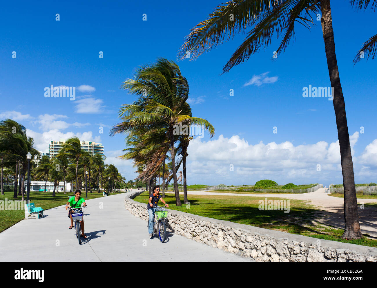 Cyclists on DecoBikes on the promenade alongside Ocean Drive, South ...