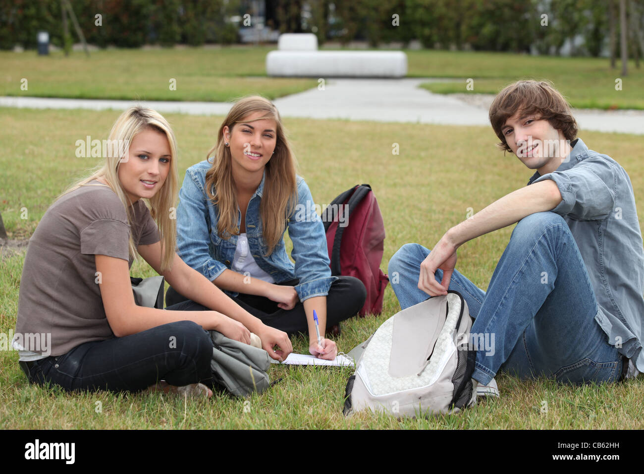 Three students sat in the park working Stock Photo - Alamy
