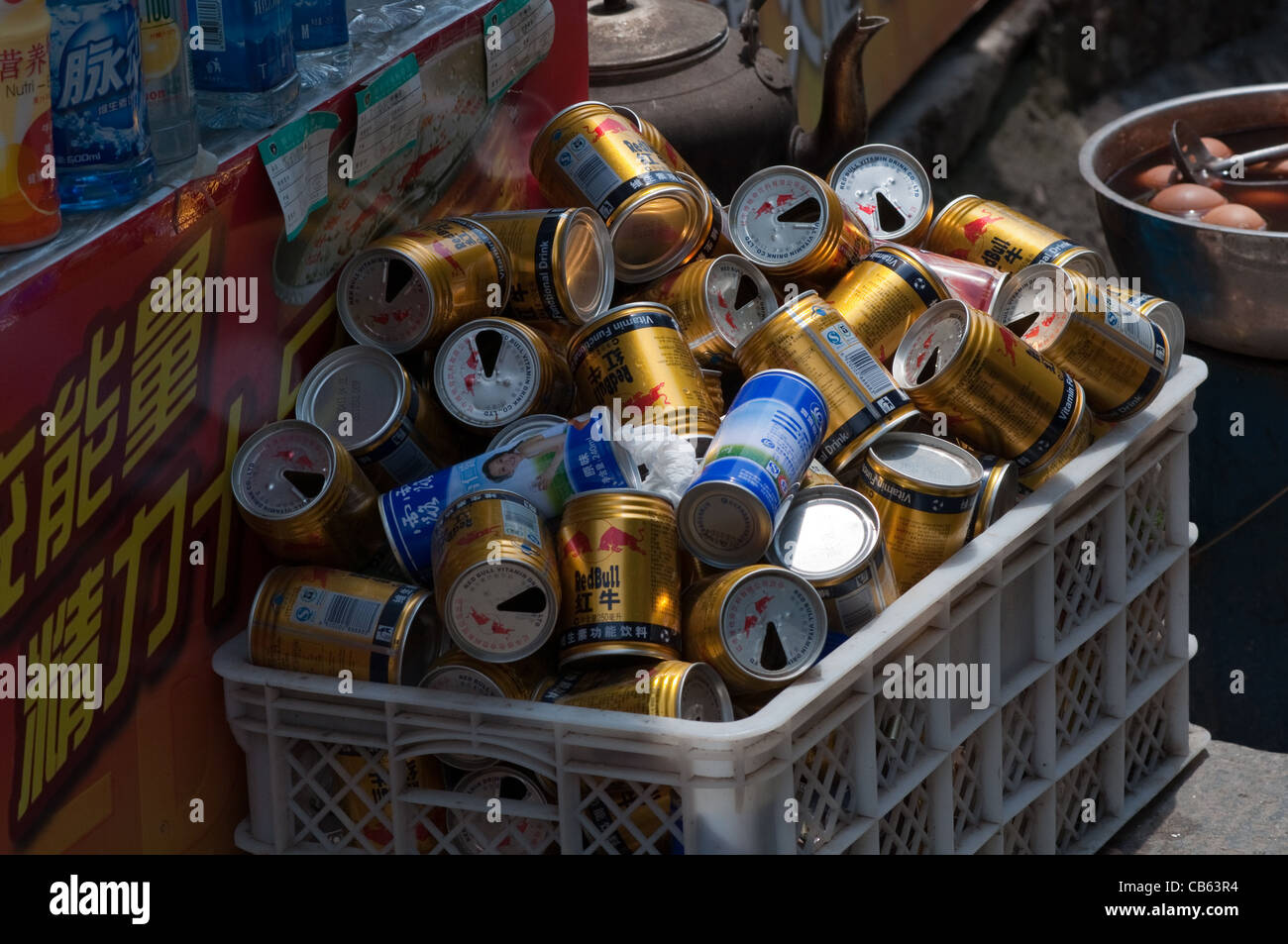 Empty Red Bull cans on the path up the Mount Tai, Taishan, China Stock ...