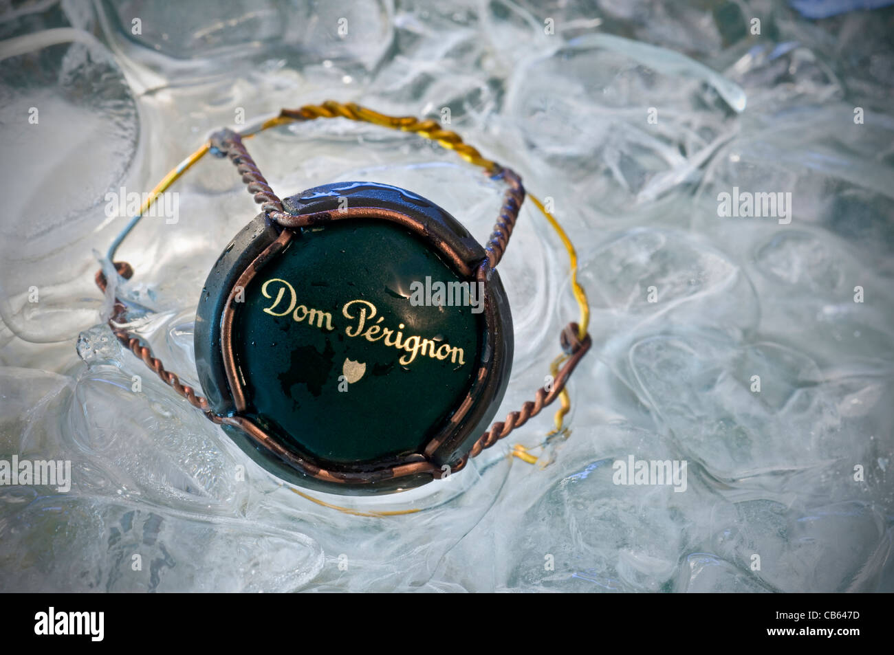 'Dom Perignon' vintage champagne close-up on wire retaining frame and ...