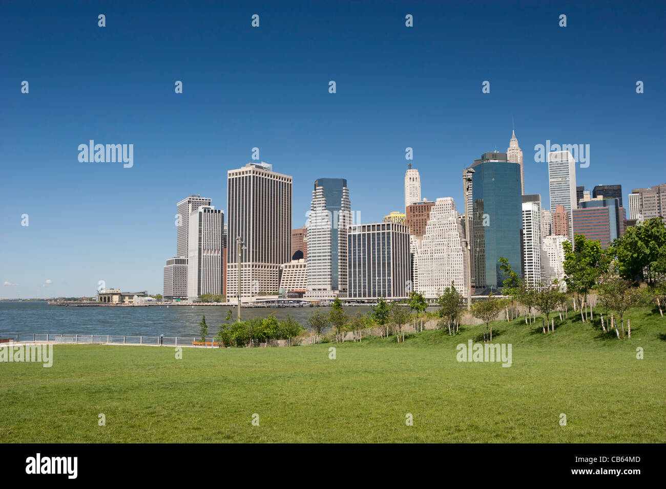 Green field at the Brooklyn Bridge Park overlooking lower Manhattan ...