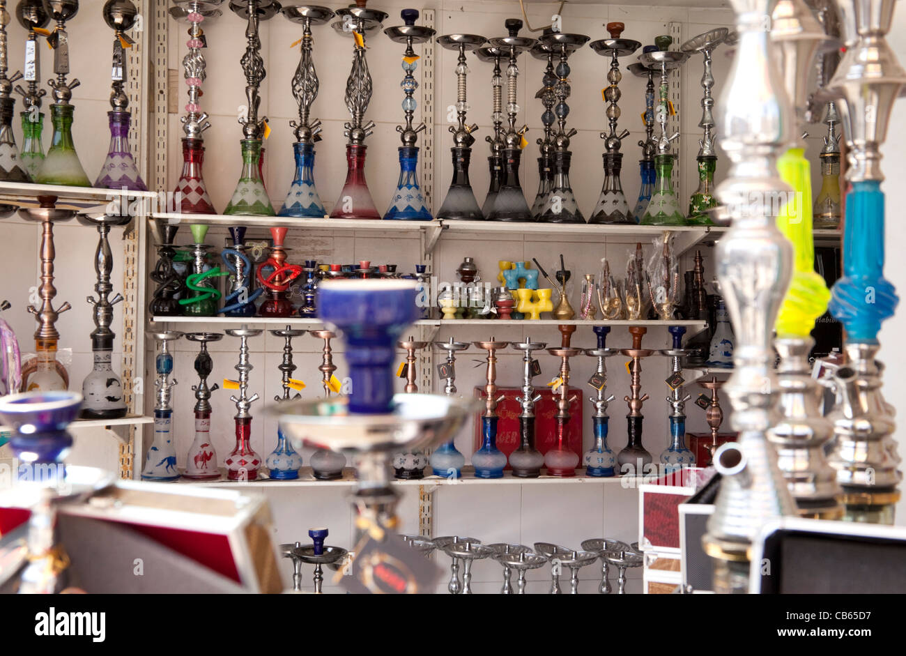 Display of water pipes, known as hookah or hubby-bubblies, in a shop in ...
