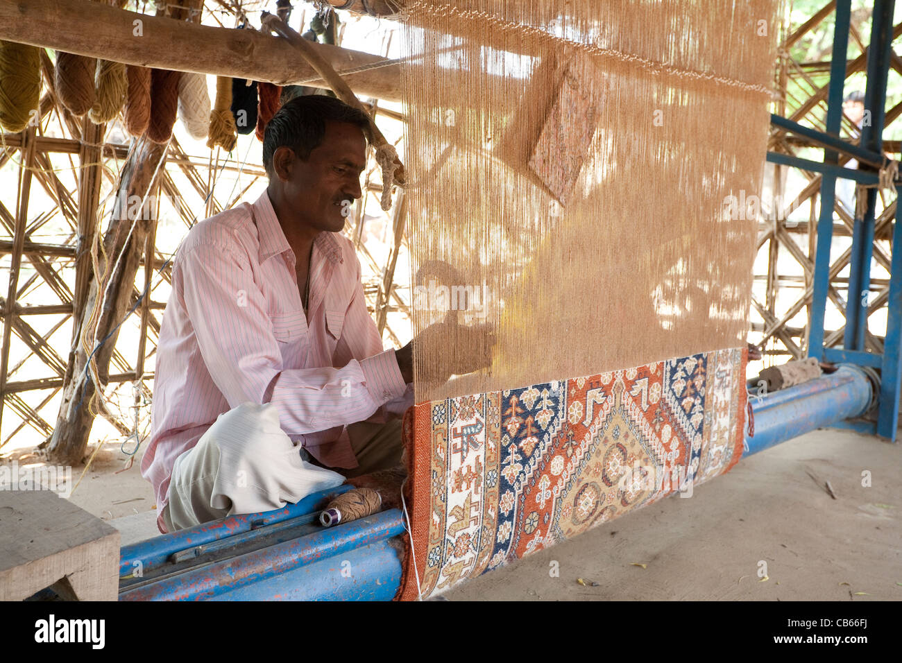 Couple weaving a rug on a loom in their home - Shyampura Village ...