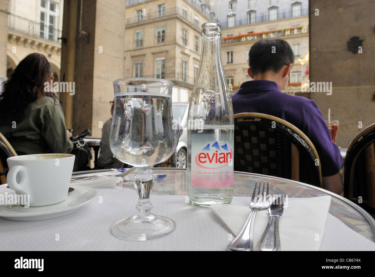 Evian bottled water sitting on a restaurant table in Paris, France ...