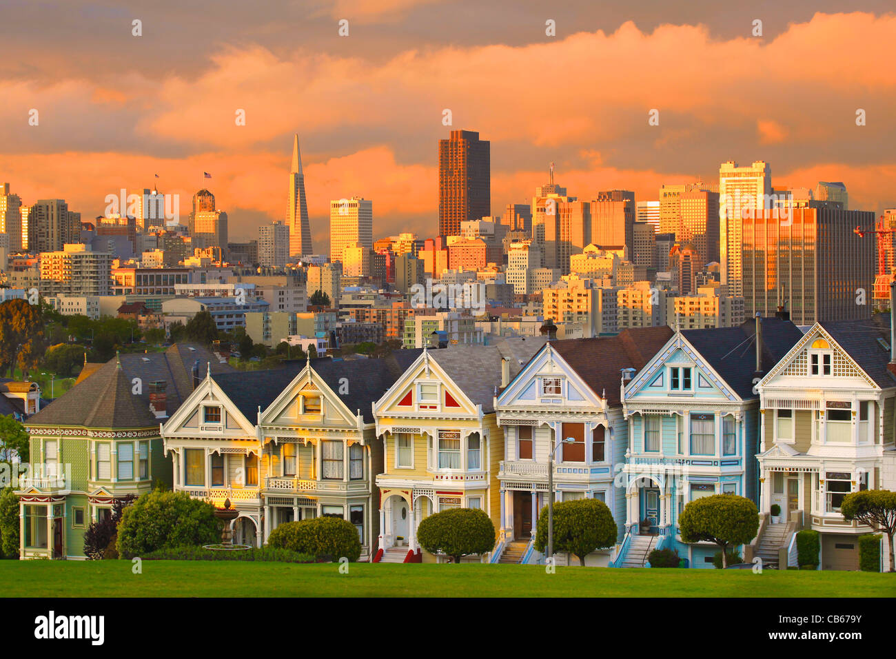 A stunning stormy sunset over Alamo Square's famous Painted Ladies ...