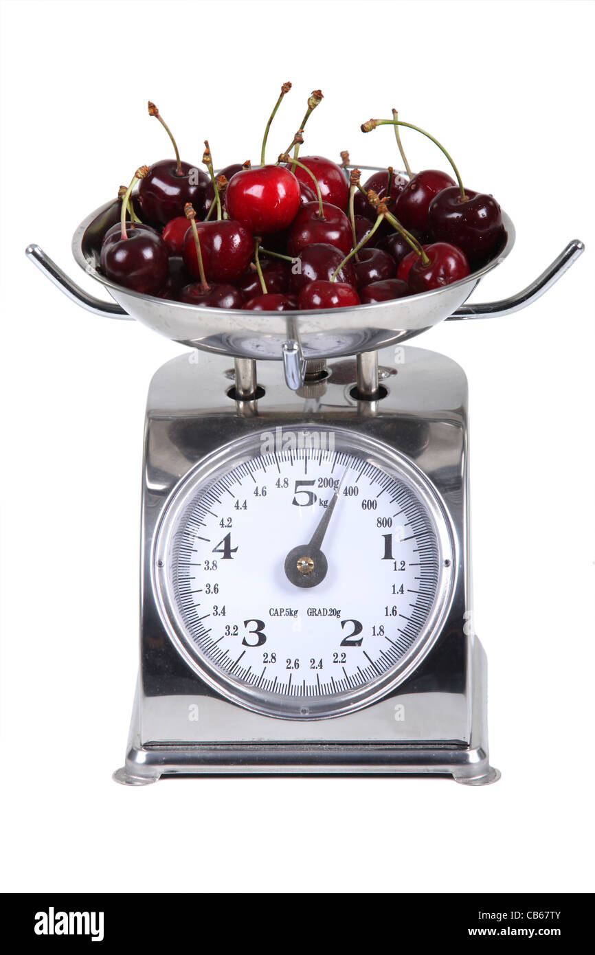 Scale measuring the weight of a bunch of cherries Stock Photo - Alamy