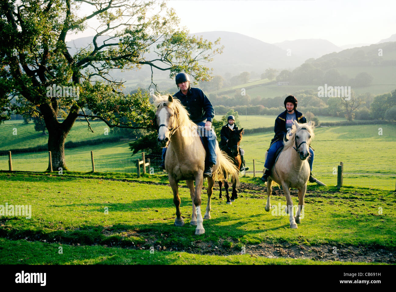 Pony trekking horse riding at Penlone Farm with Elan Valley behind ...