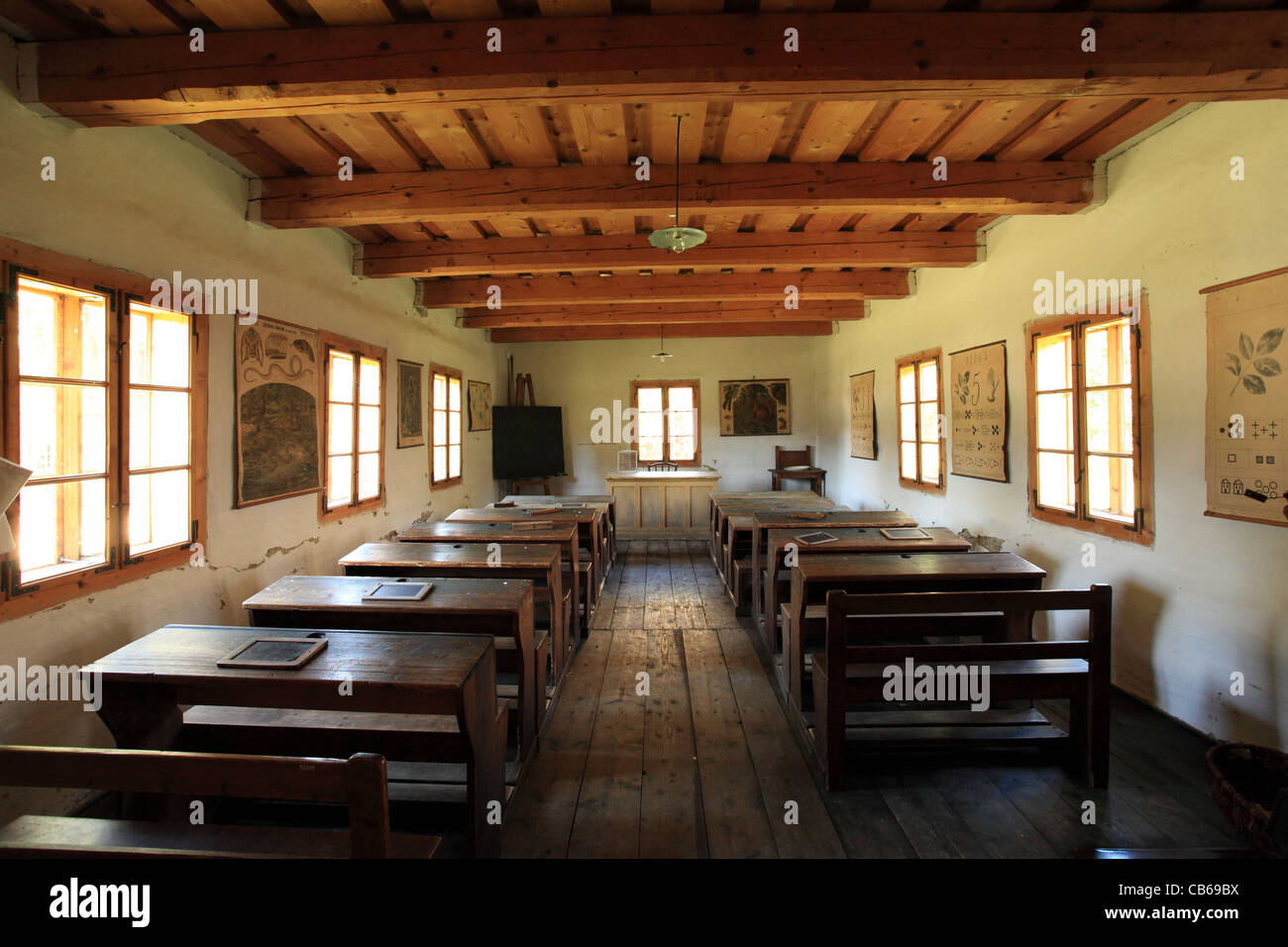 The interior of old classroom at the Open air Museum of Slovak Village ...