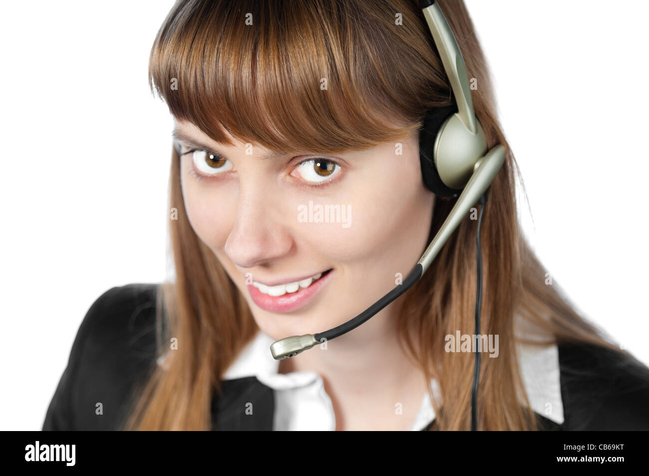 beautiful and happy young woman helpdesk operator. Headset on her head ...