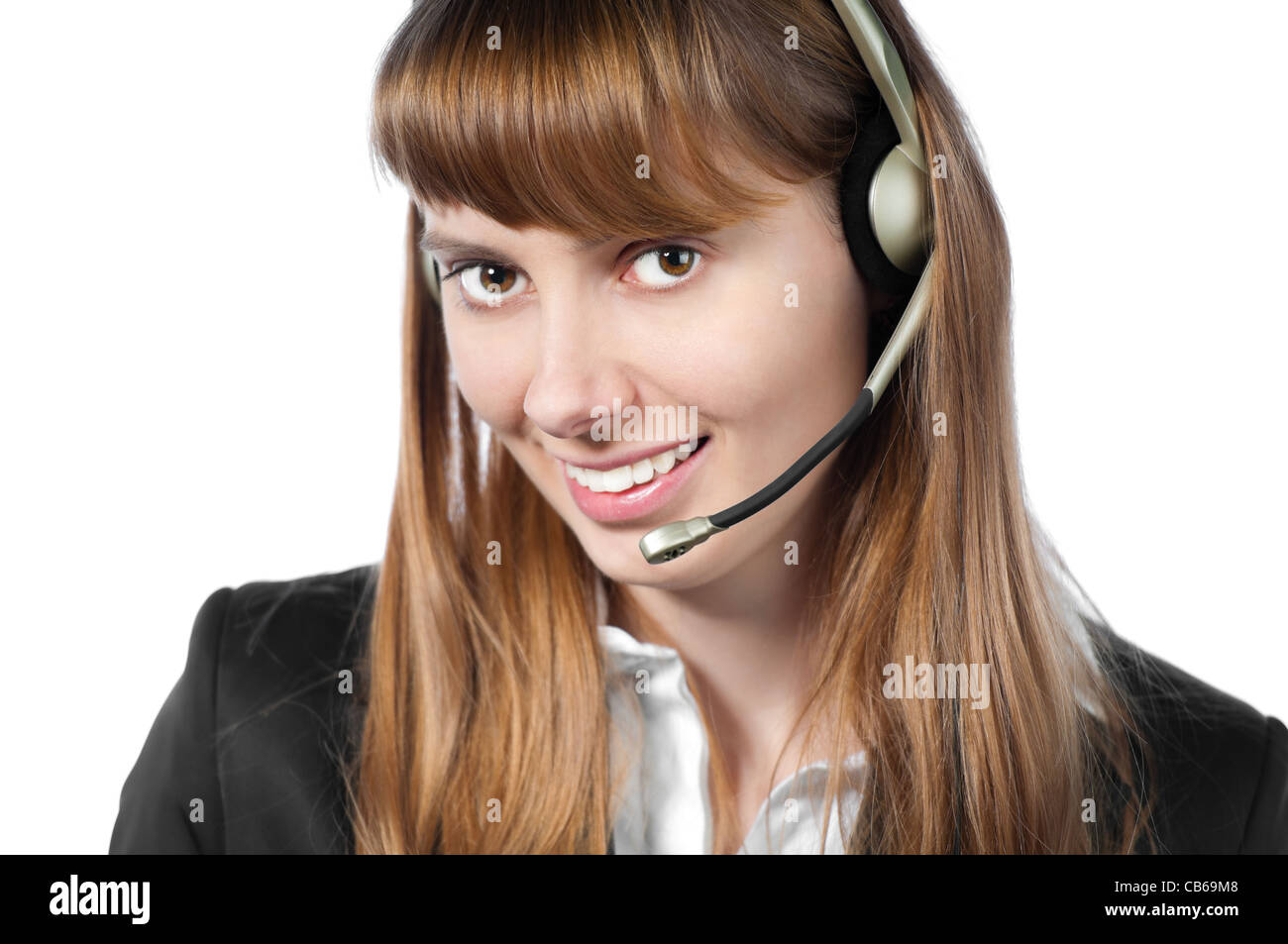 beautiful and happy young woman helpdesk operator. Headset on her head ...