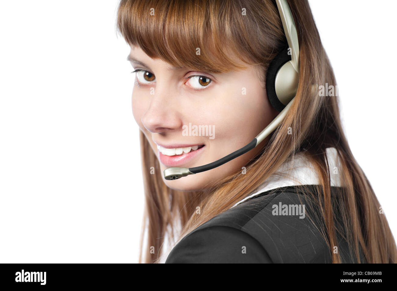 beautiful and happy young woman helpdesk operator. Headset on her head ...