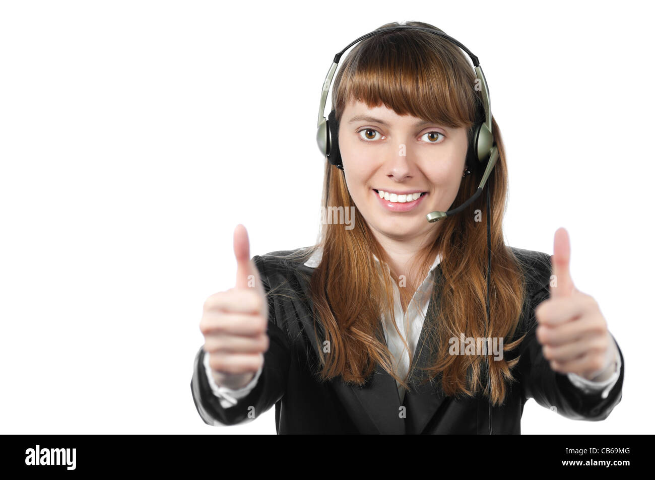 beautiful and happy young woman helpdesk operator. Headset on her head ...