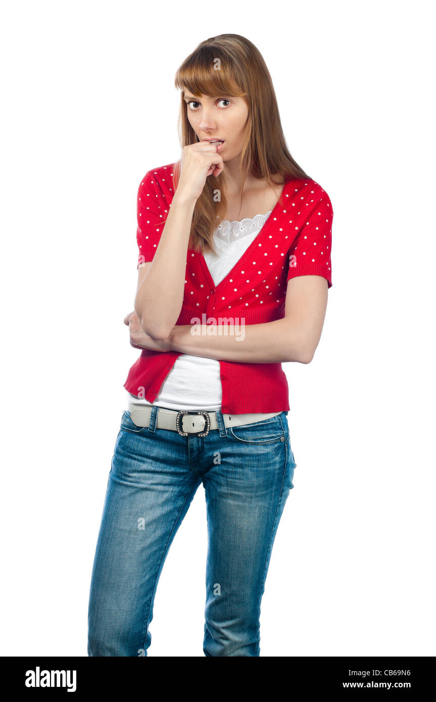 nervous beautiful young woman looking into the camera, hands at her ...