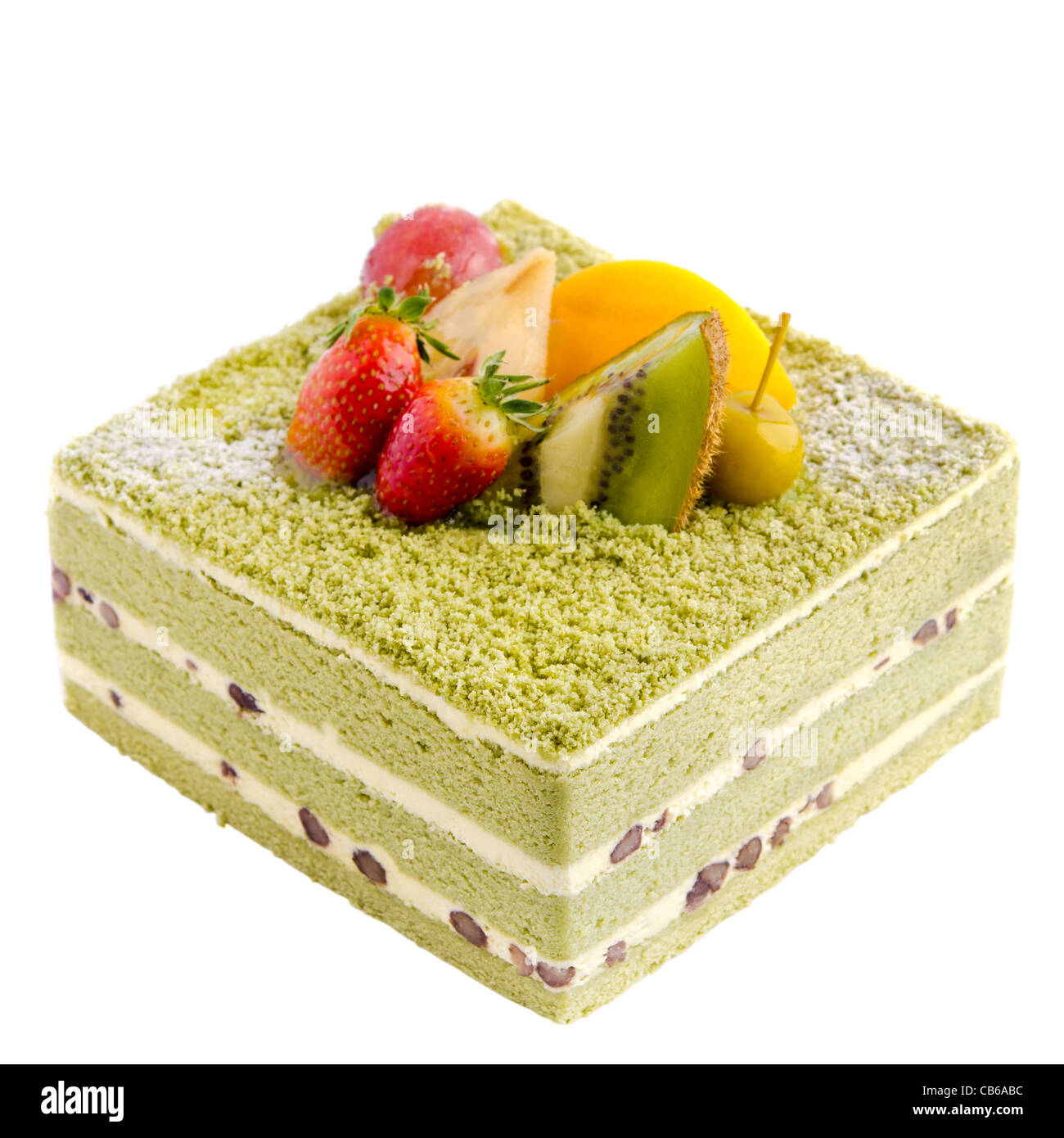 Japanese Macha Cake topping with fruits on white background Stock Photo ...