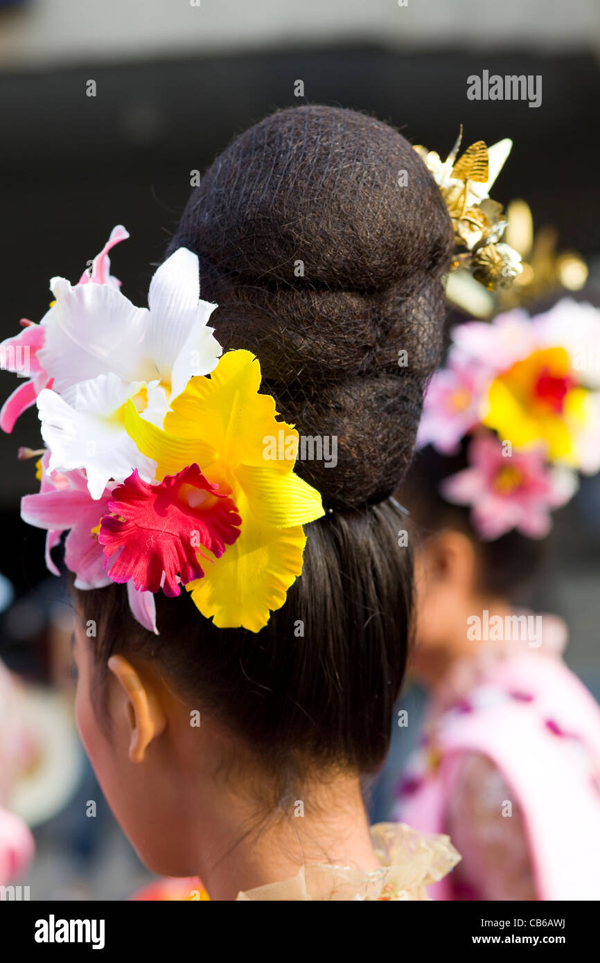 Thailand, Chiang Mai, Thai Hairstyle with Flowers Stock Photo - Alamy