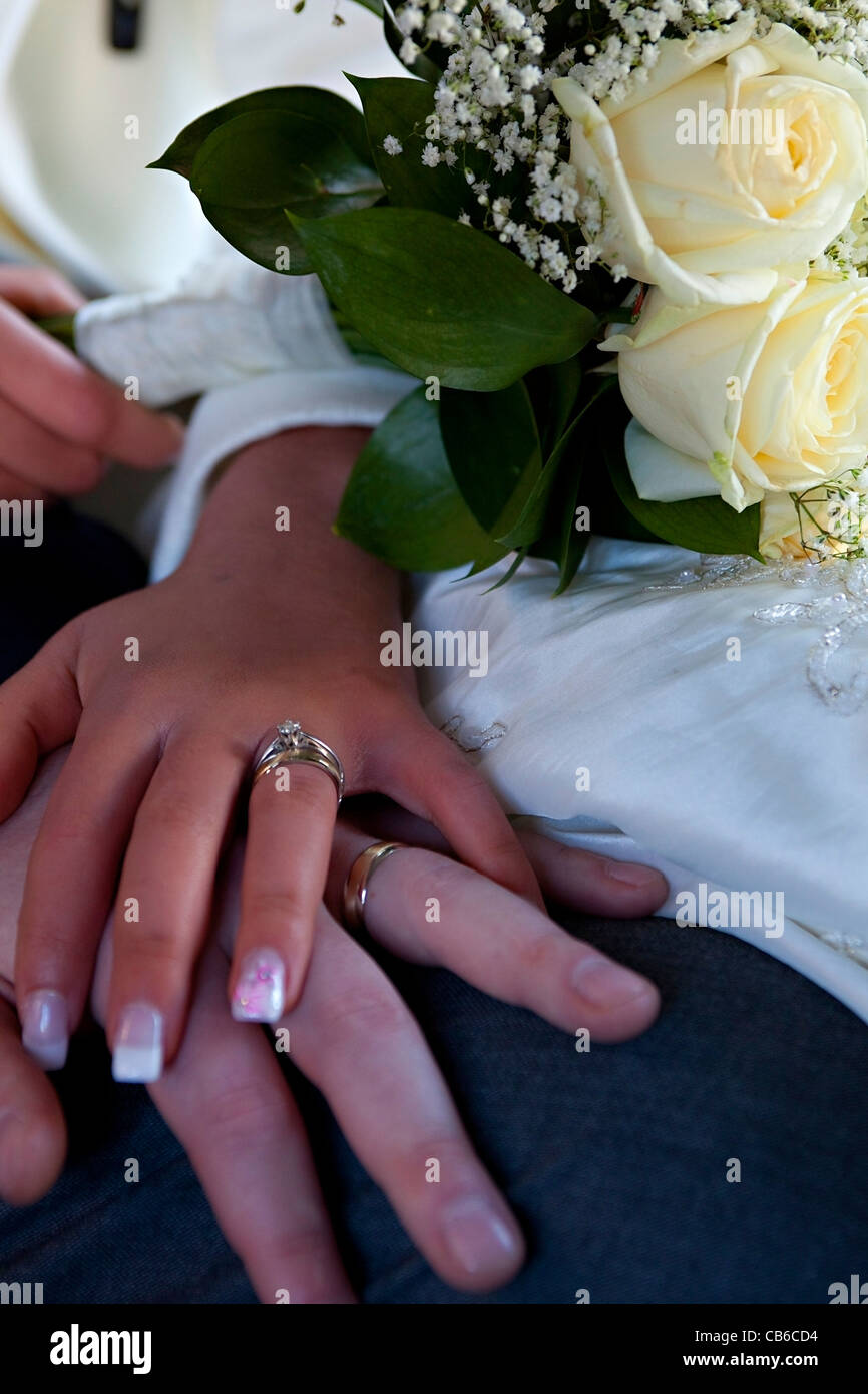 Hands of bride and groom showing their wedding rings Stock Photo - Alamy