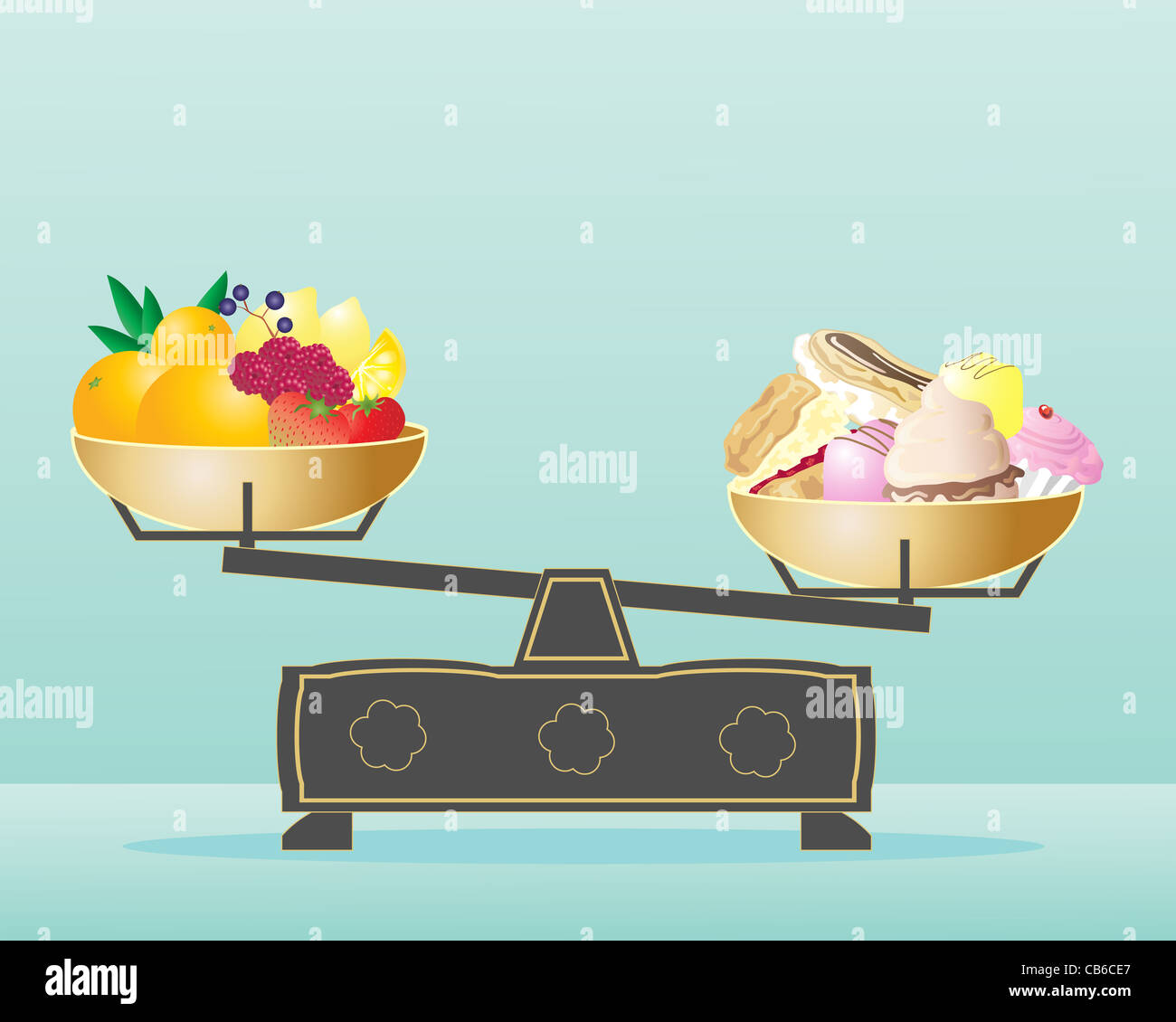 an illustration of scales with fruit in one pan and cakes in the other ...