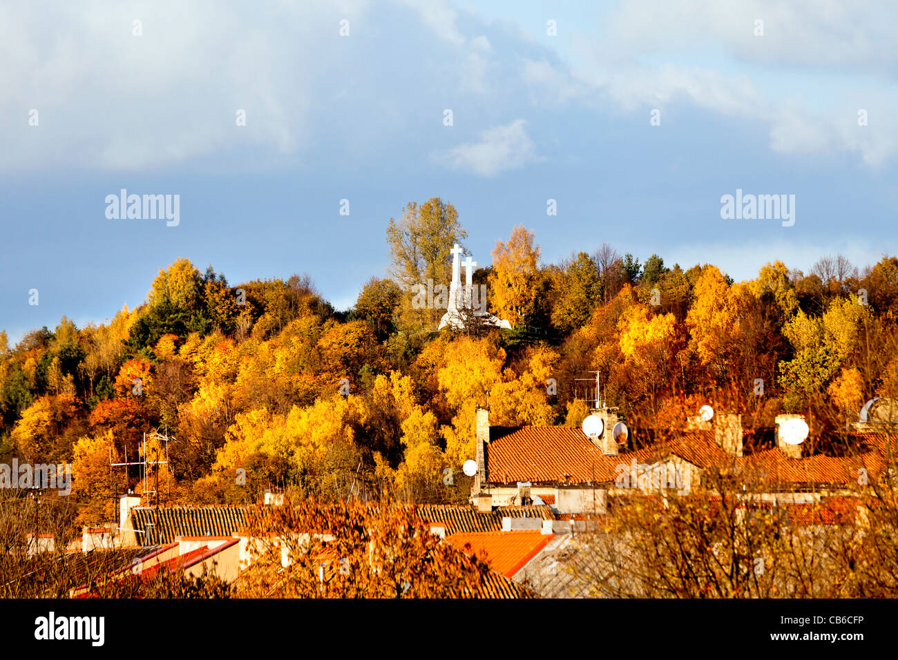 Panoramic landscape view over Vilnius, Lithuania with trees in golden ...