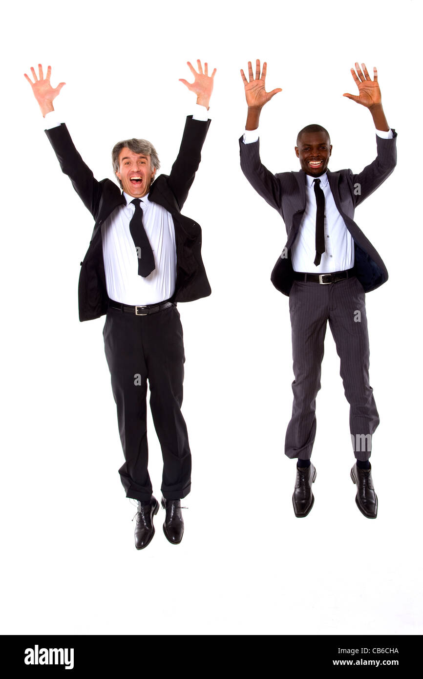 two businessmen jumping Stock Photo - Alamy