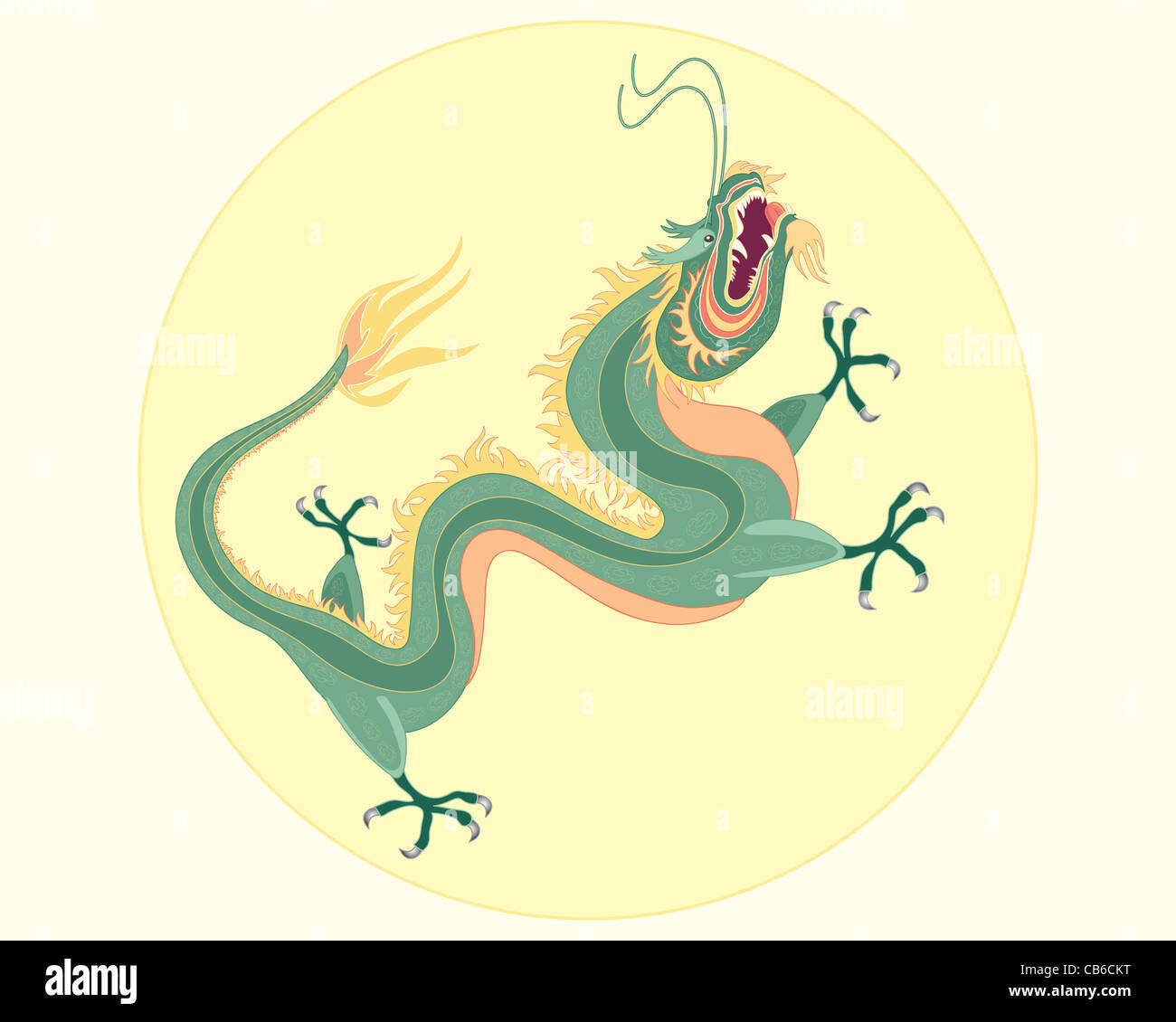 an illustration of a decorative chinese style dragon on a yellow sun ...
