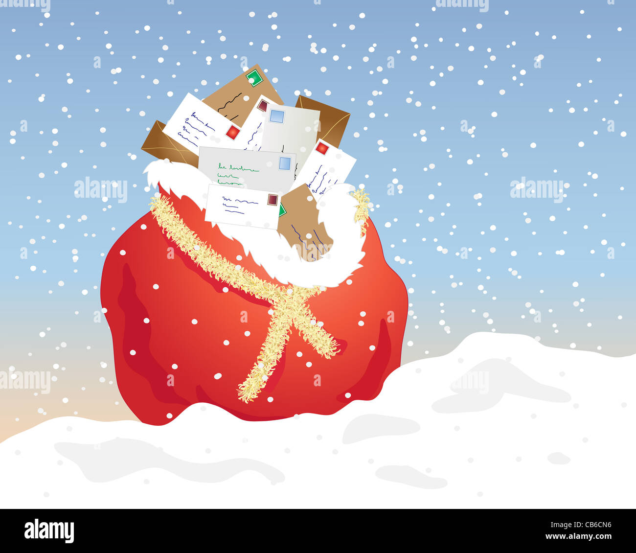 an illustration of a sack of christmas mail with tinsel under a snowy ...