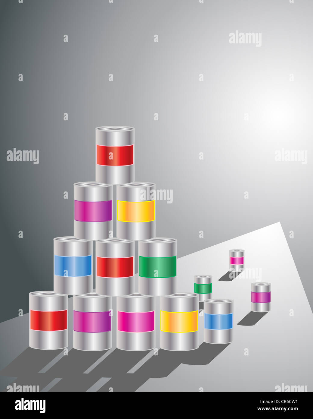 an illustration of a stack of metal cans with colorful labels on a gray ...