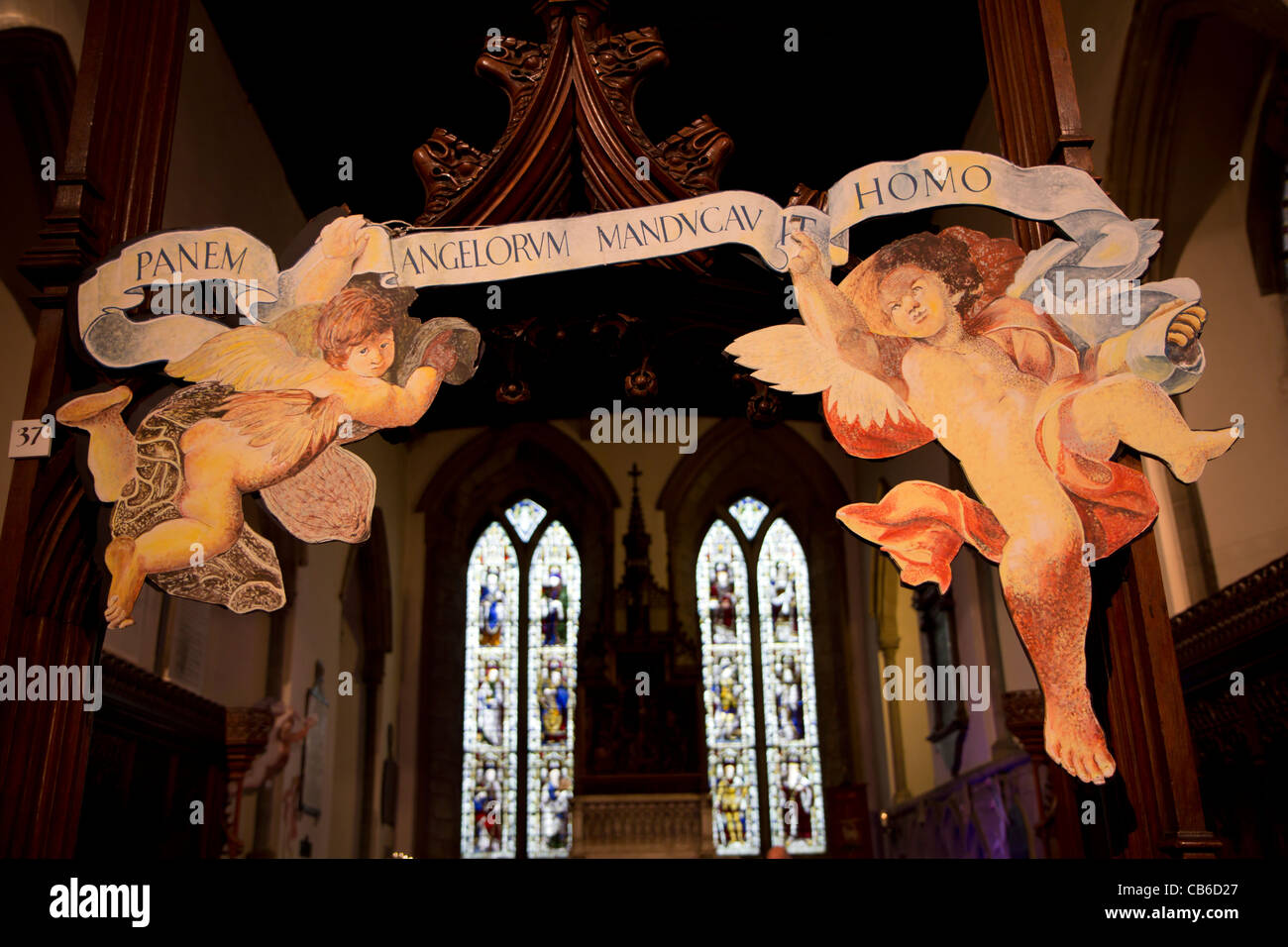 Christmas decorations angels nativity scene inside a church Bakewell ...
