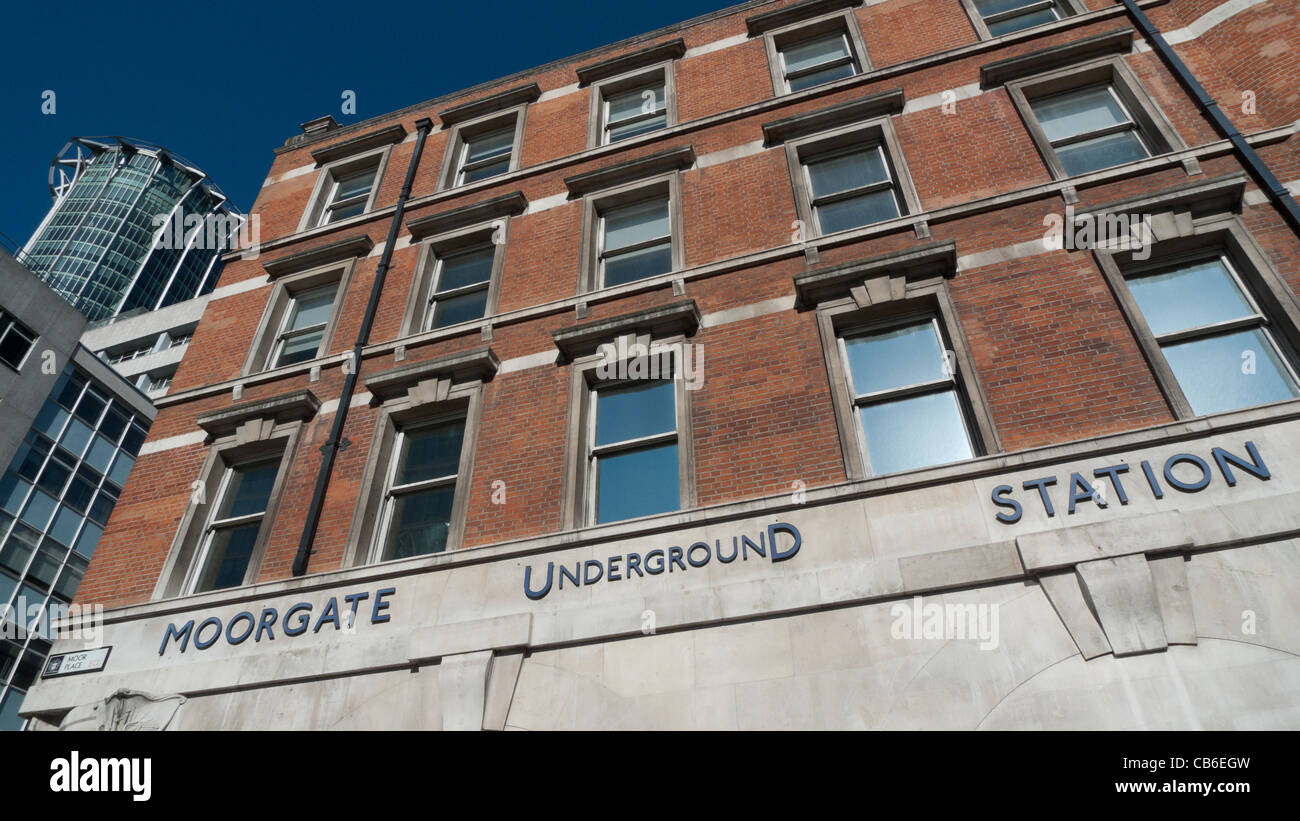 Moorgate Underground Station sign at Crossrail construction site area ...