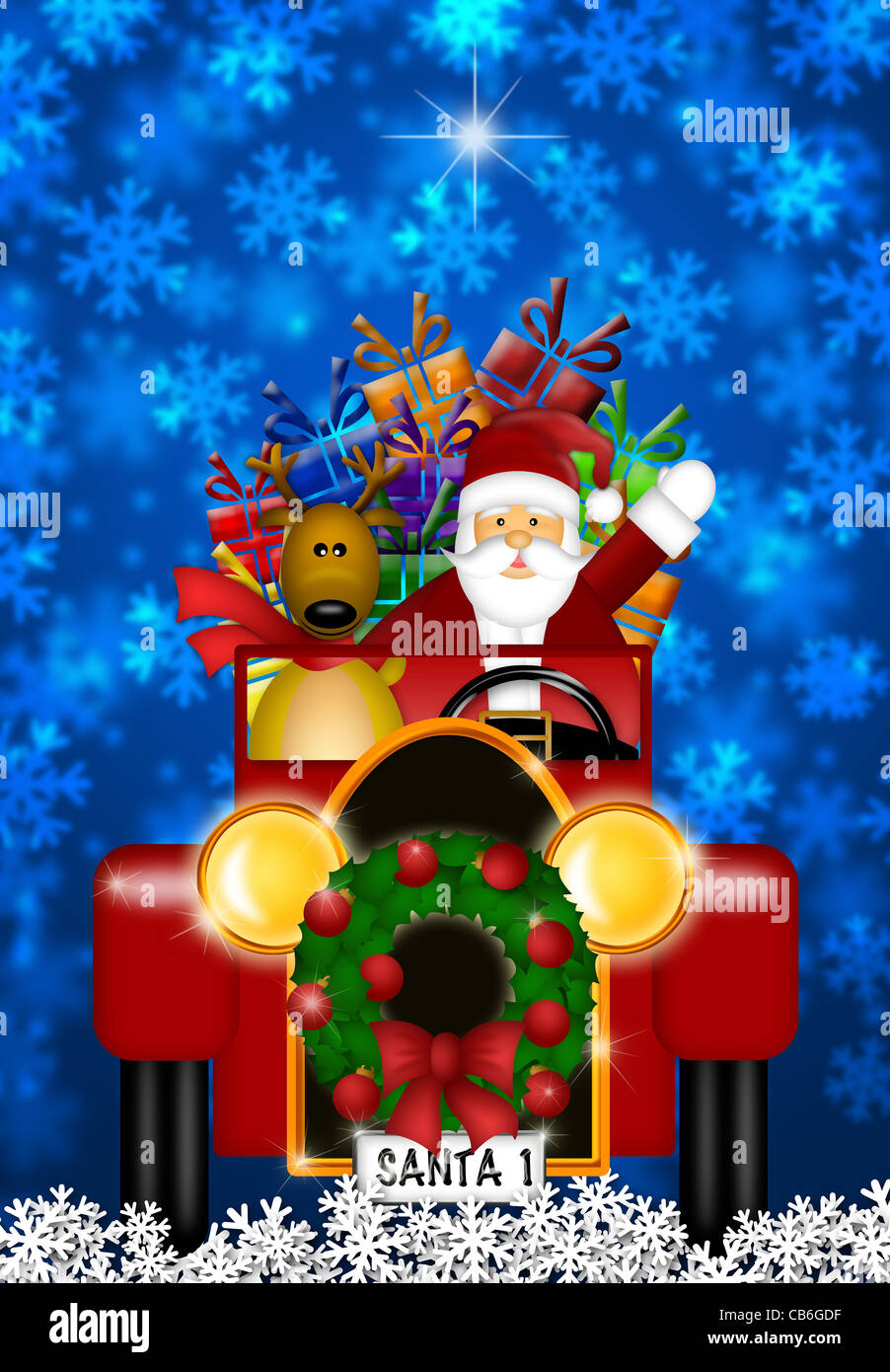 Santa Claus and Reindeer in Winter Snow Scene Driving in Vintage Red ...