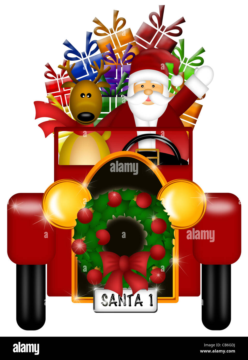 Santa Claus and Reindeer in Winter Snow Scene Driving in Vintage Red ...