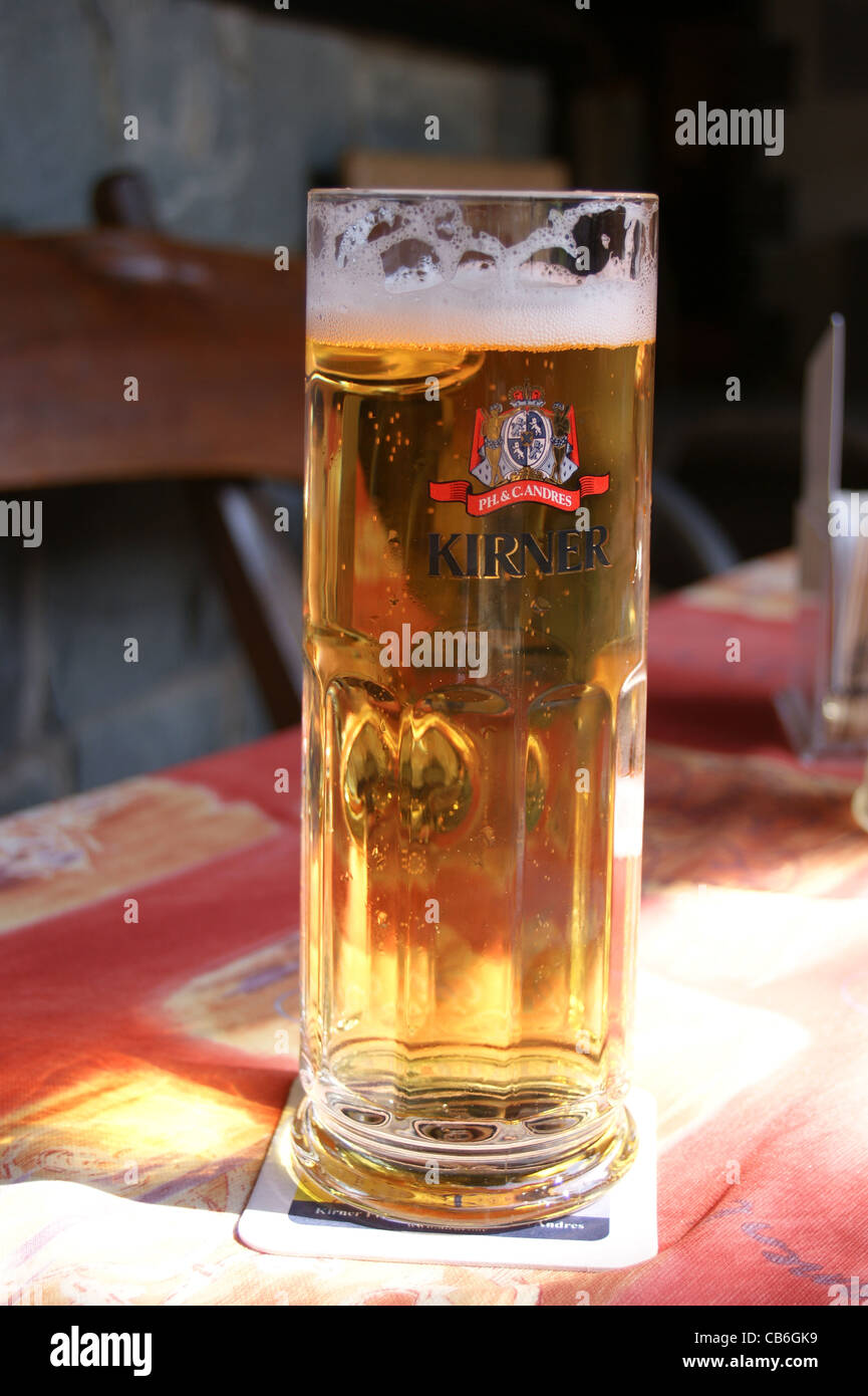 A printed glass of Kirner German lager at a bar in Idar-Oberstein ...